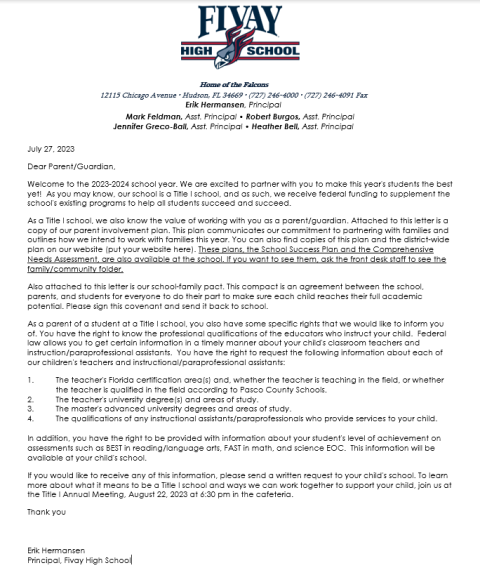 2023 Title 1 Information | Fivay High School